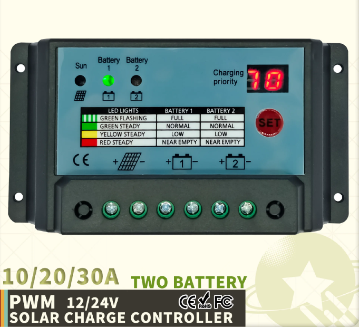 Regulator punjenja za 2 akumulatora 20A 12V-24V PWM